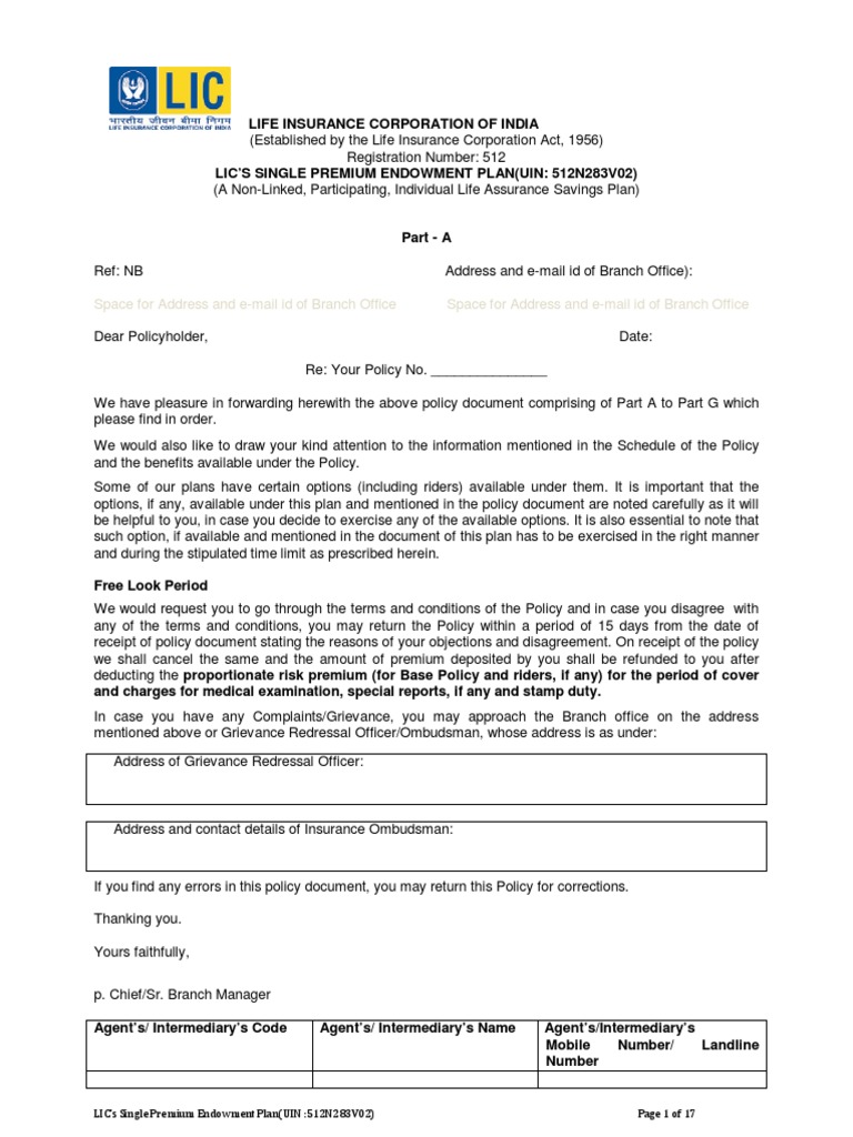Final Policy Doc - LIC S SP Endwoment Plan | PDF | Life Insurance ...