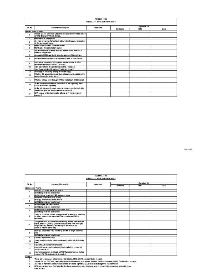 Format F-35 Checklist For Running Bills | PDF | Invoice | Business Law