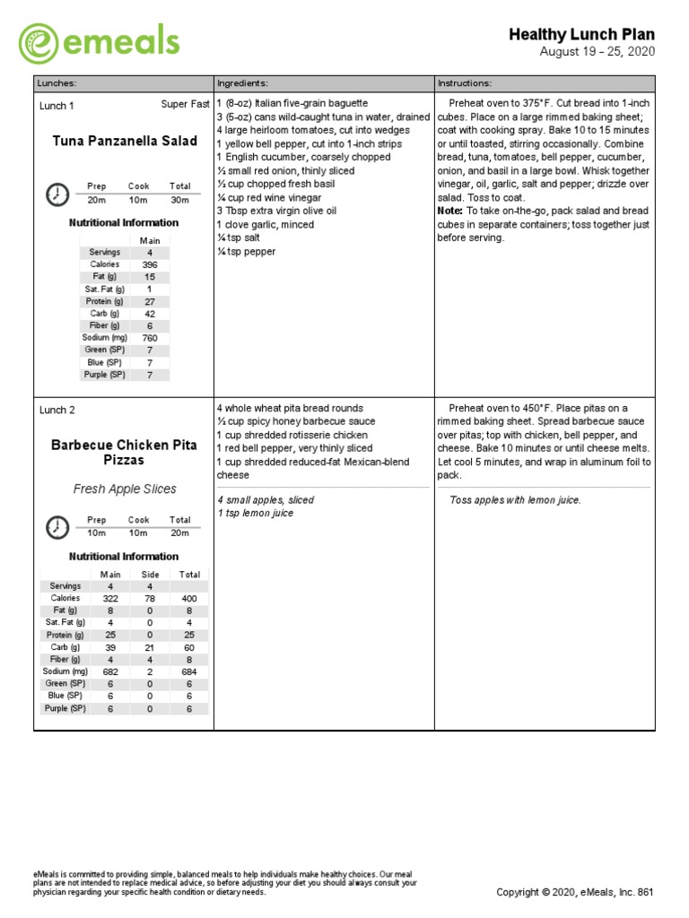Emeals Healthy Lunch Plan 861 | PDF | Cooking | Breads