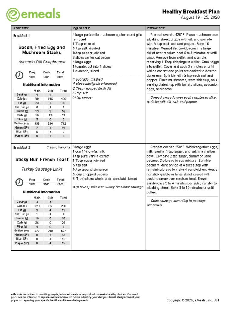 Bacon, Fried Egg and Mushroom Stacks: Healthy Breakfast Plan | PDF ...