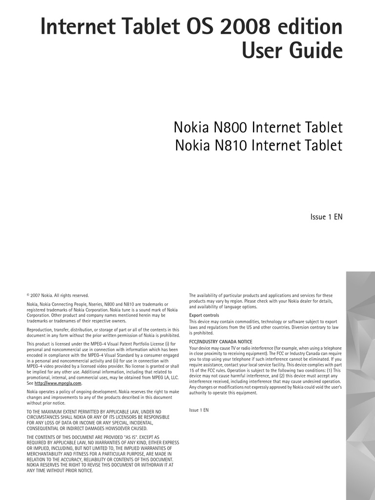 Internet Tablet OS 2008 Edition User Guide: Nokia N800 Internet Tablet Nokia N810 Internet ...