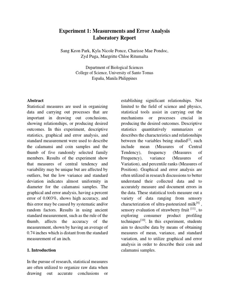 Experiment 1: Measurements and Error Analysis Laboratory Report | PDF | Statistics | Standard ...