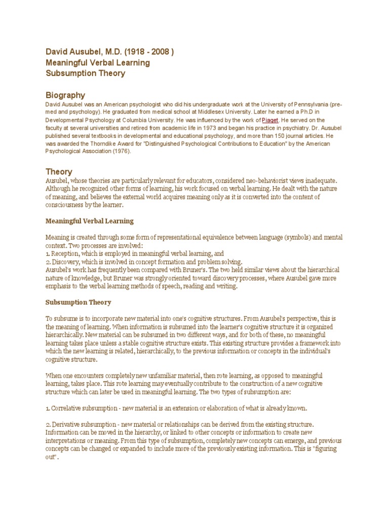 David Ausubel (Verbal Learning Theory) | PDF | Hierarchy | Learning ...