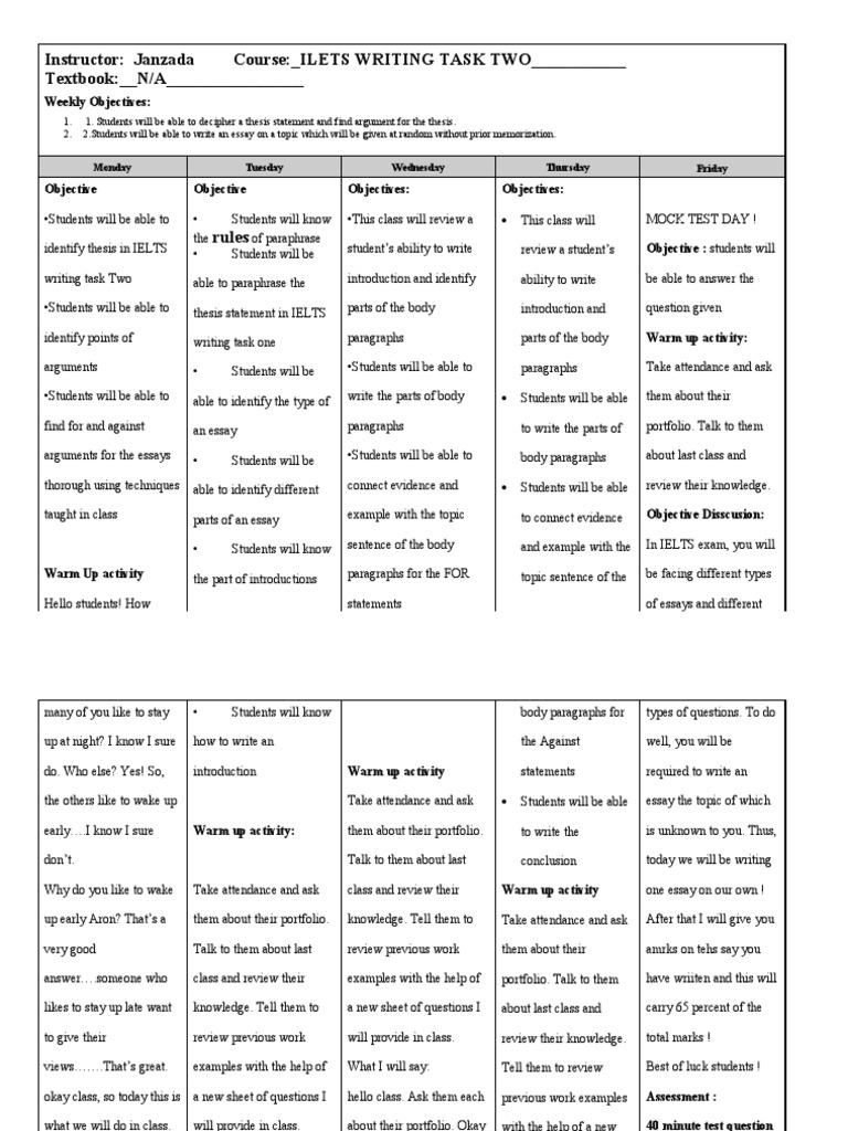One Week Lesson Plann | PDF | Essays | Vocabulary