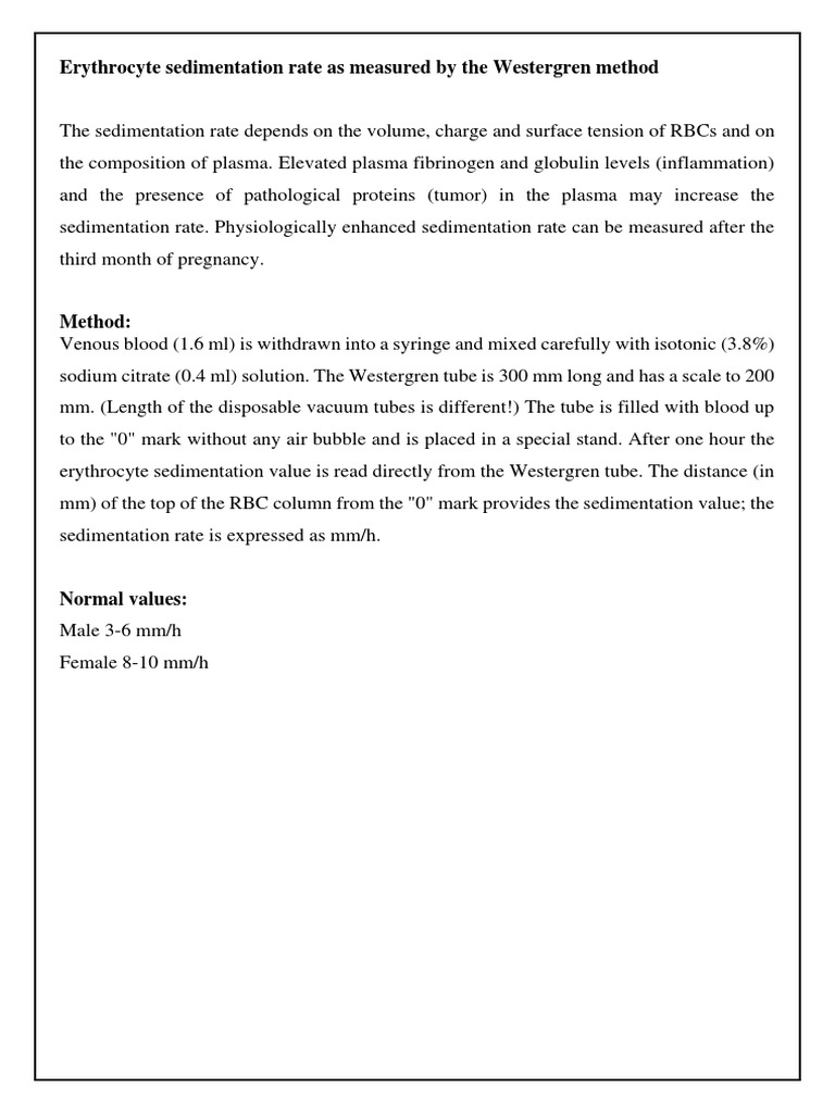 Erythrocyte Sedimentation Rate As Measured by The Westergren Method | PDF