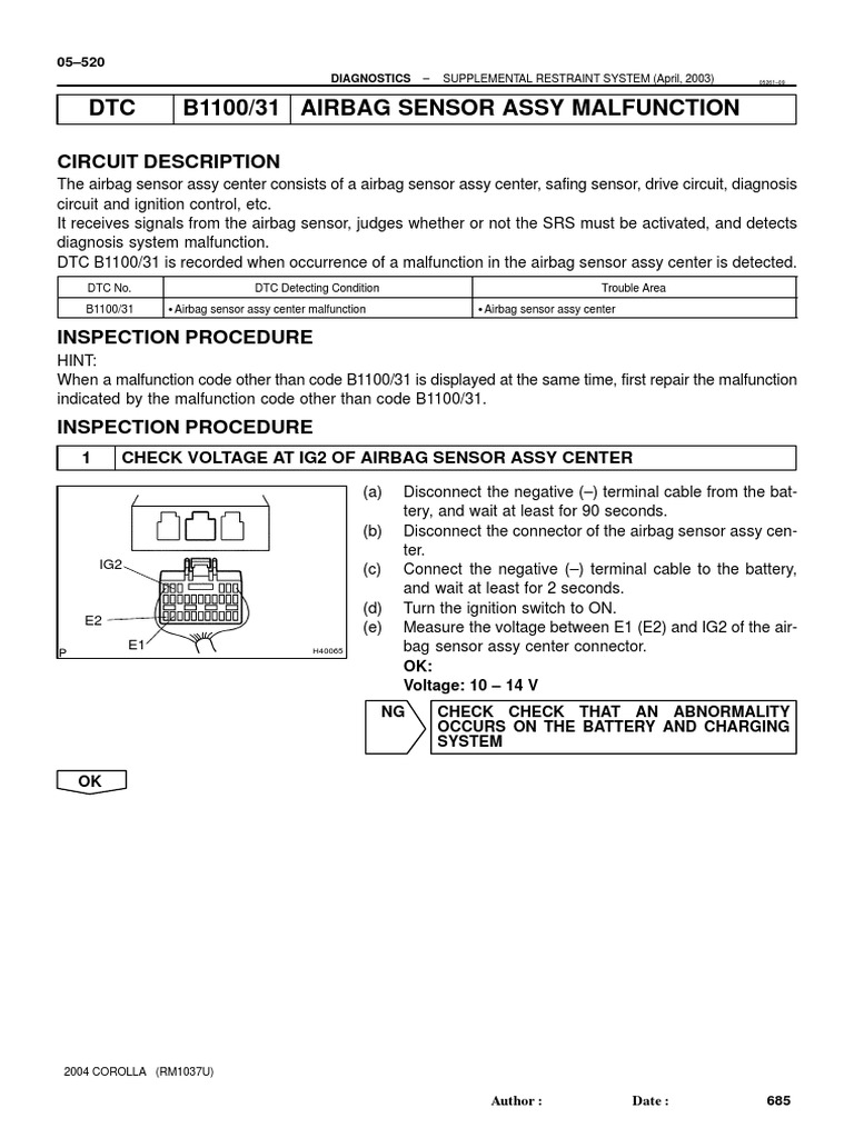 DTC B1100/31 Airbag Sensor Assy Malfunction: Circuit Description | PDF ...