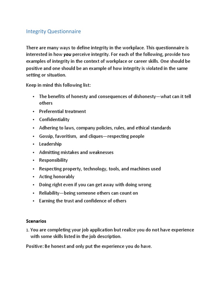 IntegrityQuestionnaire PDF | PDF | Integrity | Confidentiality