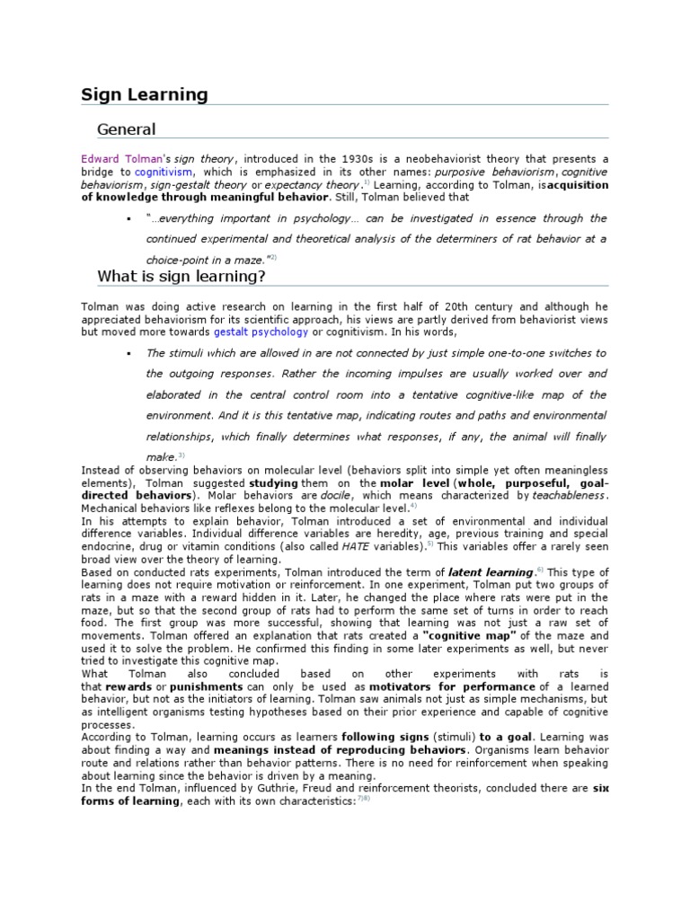 Edward Tolman (Sign Theory) | PDF | Behaviorism | Reinforcement