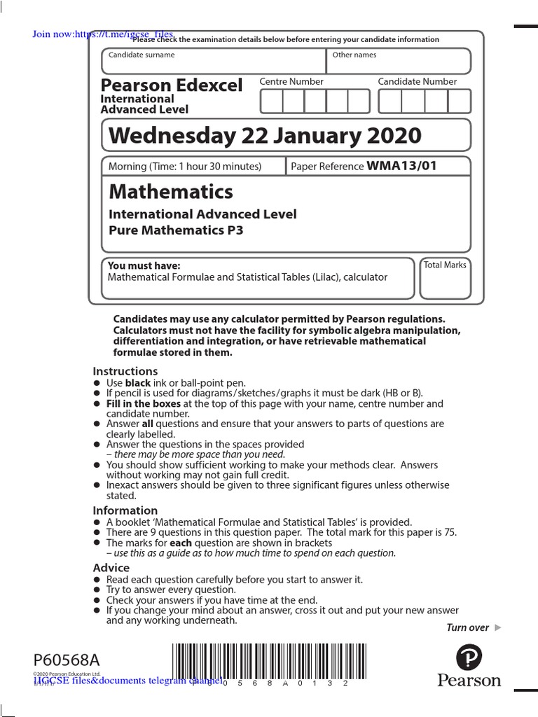IAL Edexcel Pure Maths 3 Jan 20 | PDF | Calculator | Teaching Mathematics