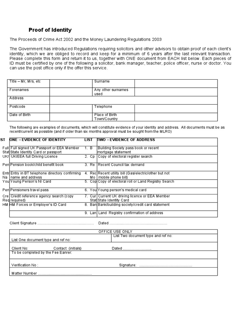 Proof of Identity: List One - Evidence of Identity List Two - Evidence ...