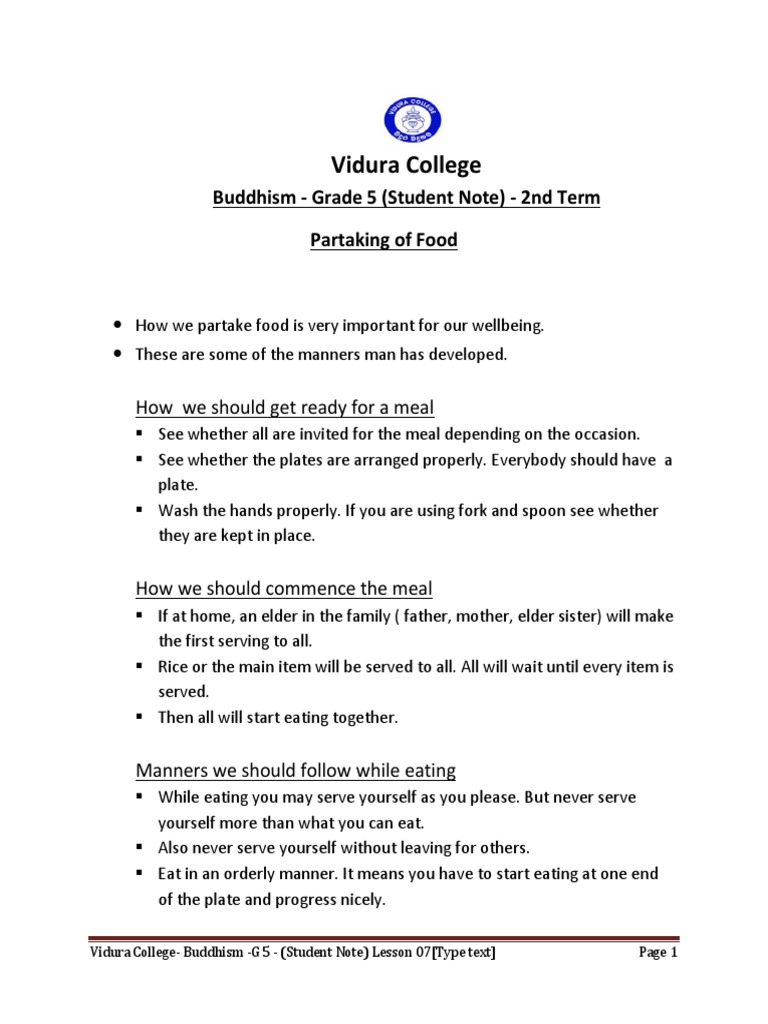 GR 5 - BUDDHISM - Student Note 1 - Partaking of Food PDF | PDF
