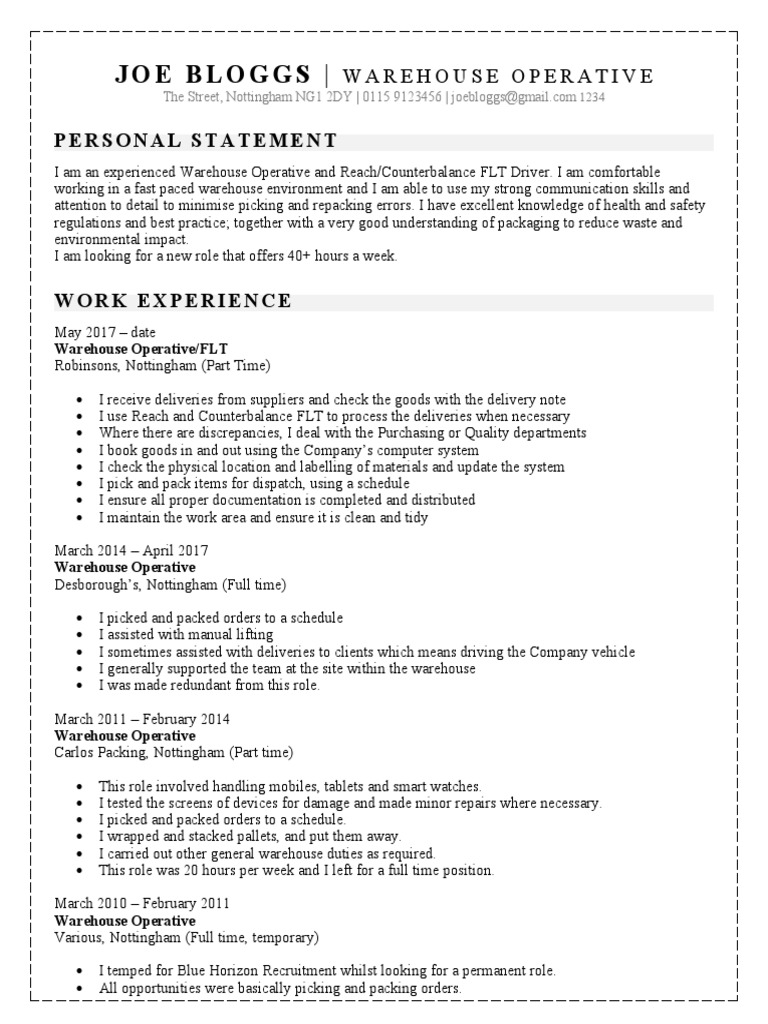 Joe Bloggs - : Personal Statement | PDF | Warehouse | Forklift