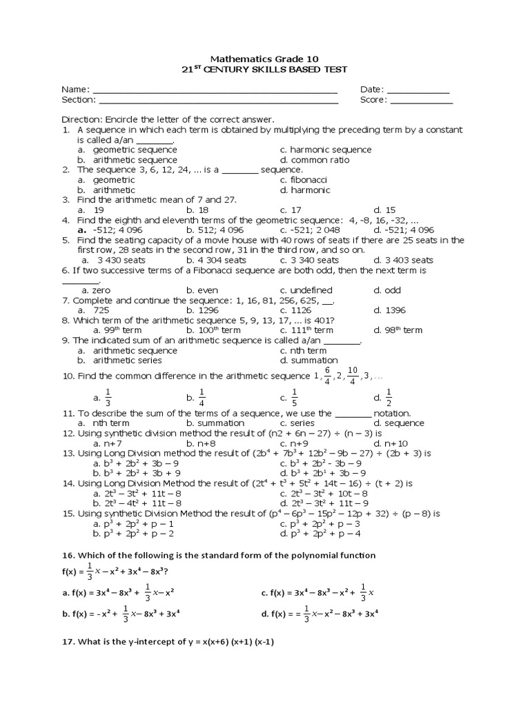Grade 10 Math Skills Test | PDF | Circle | Tangent