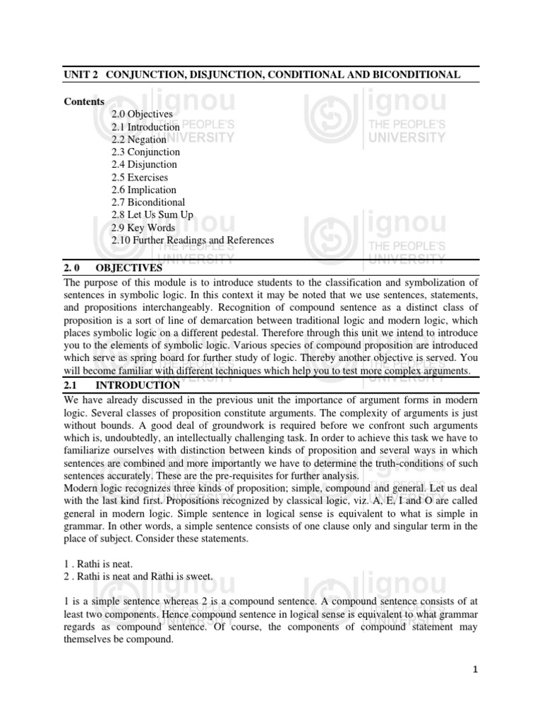 Unit 2 Conjunction, Disjunction, Conditional and Biconditional | PDF | Logic | Proposition
