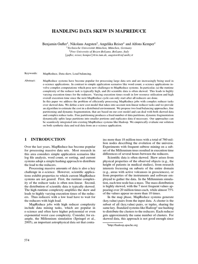 Handling Data Skew in Mapreduce: Benjamin Gufler, Nikolaus Augsten, Angelika Reiser and Alfons ...