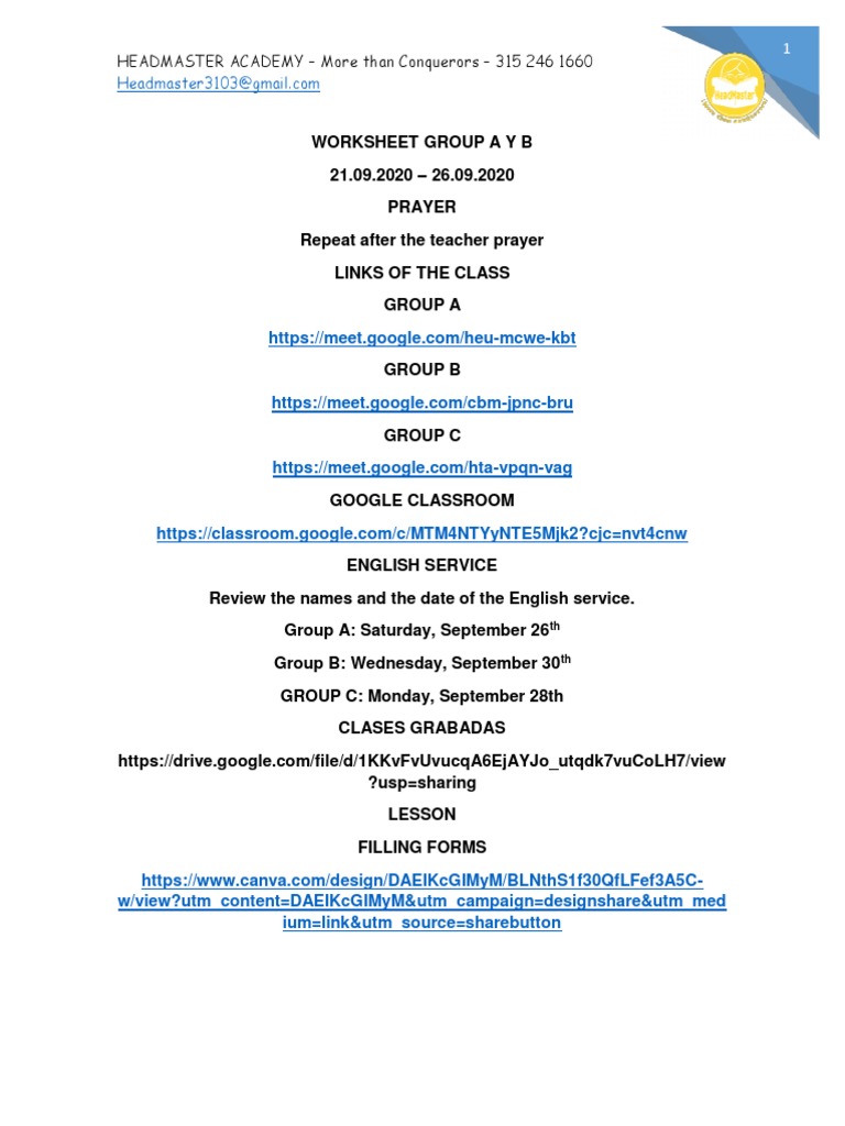 Headmaster Academy worksheet links | PDF