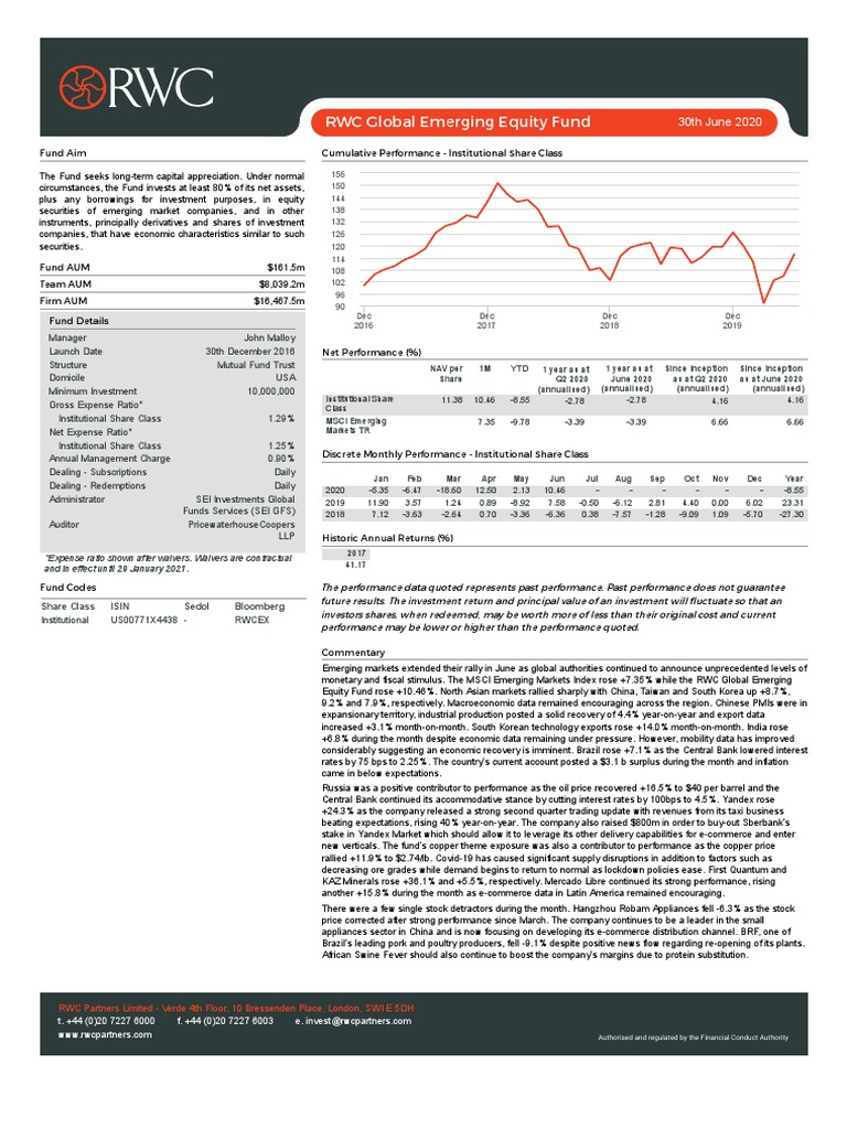 RWC Global Emerging Equity Fund: 30th June 2020 | PDF | Investing | Risk
