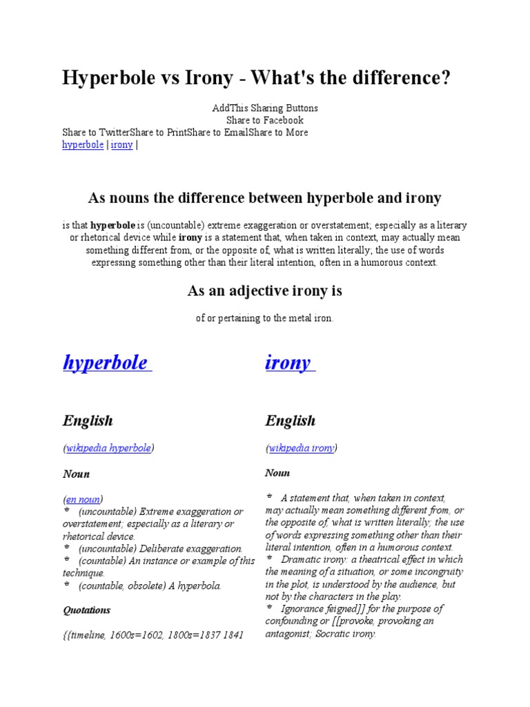 Hyperbole Vs Irony - What's The Difference? | PDF | Irony | Semiotics
