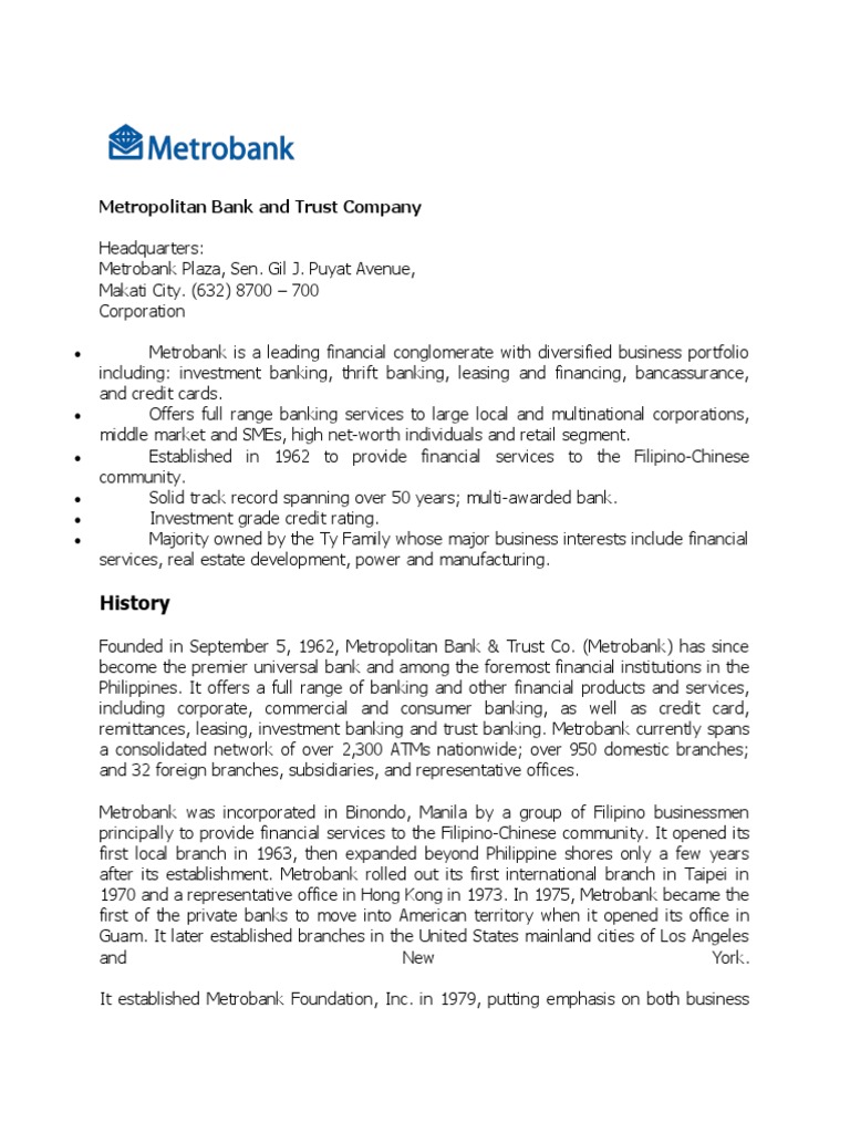 An Overview of Metrobank's Business Lines and Organizational Structure ...