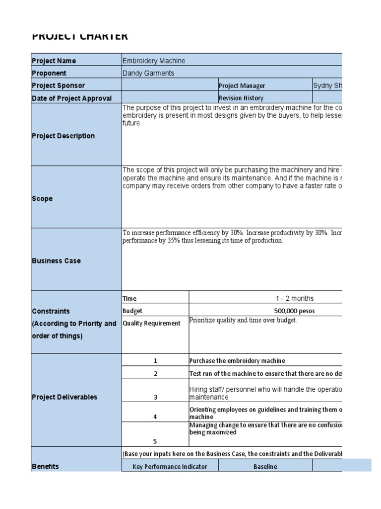 Project Charter: Project Name Proponent Project Sponsor Date of Project ...