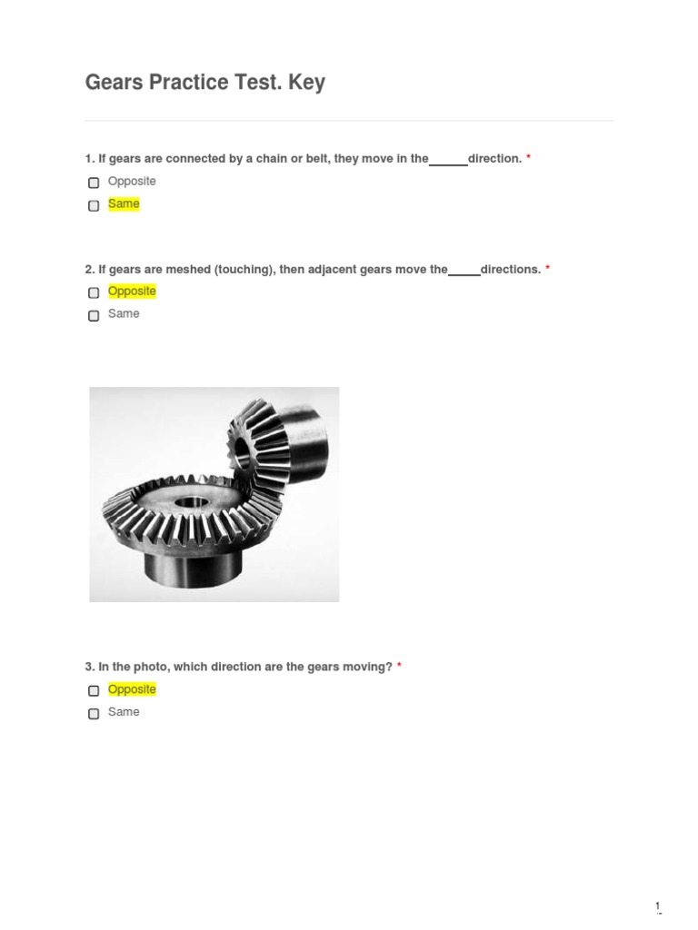 Gears Mechanical Aptitude Test Key | PDF | Gear | Rotation