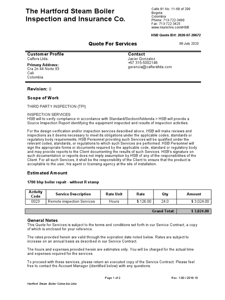 The Hartford Steam Boiler Inspection and Insurance Co.: Quote For ...