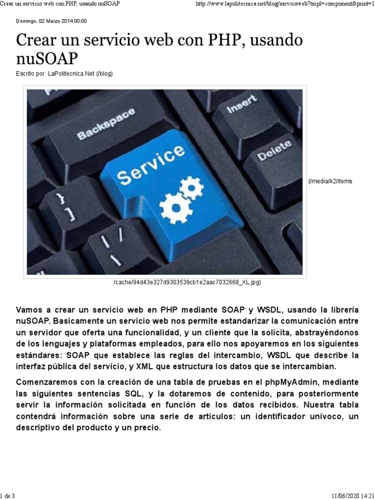 Crear Un Servicio Web Con PHP, Usando nuSOAP | PDF | Servicio web | Php