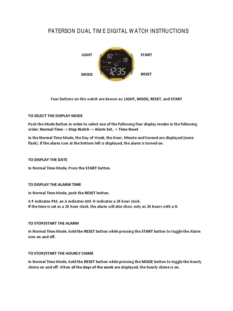 Paterson Dual Time Digital Watch Instructions: Light Start | PDF | Wellness