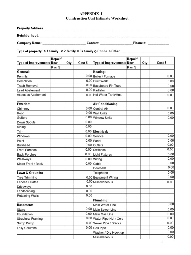 Appendix I Construction Cost Estimate Worksheet | PDF | Plumbing | Basement