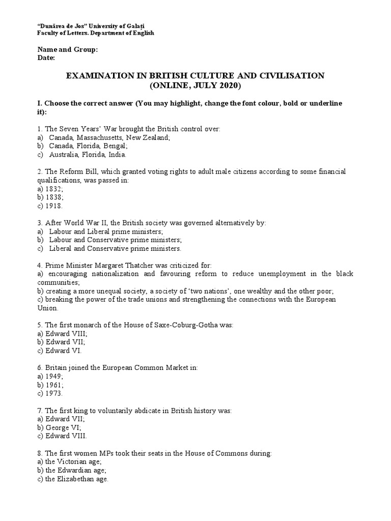 Nume - Prenume. CCE. I.2. July 2020 | PDF | Queen Victoria | United Kingdom