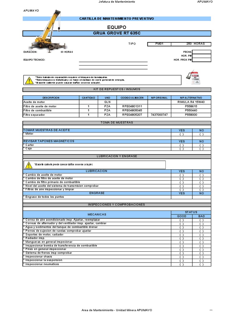 Mantenimiento Preventivo Grua Grove RT 635C | PDF | Aceite de motor ...