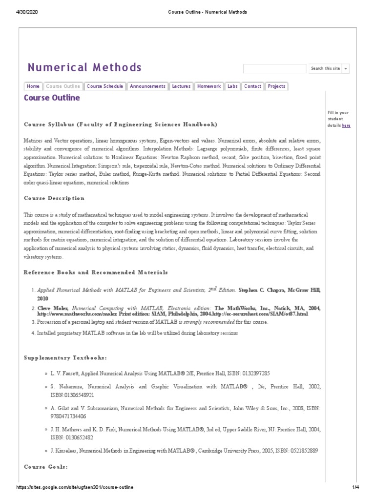 Course Outline - Numerical Methods | PDF | Numerical Analysis | Ordinary Differential Equation