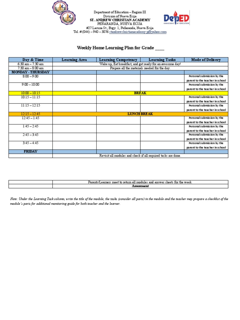 Weekly Home Learning Plan For Grade - : Day & Time Learning Area Learning Competency Learning ...