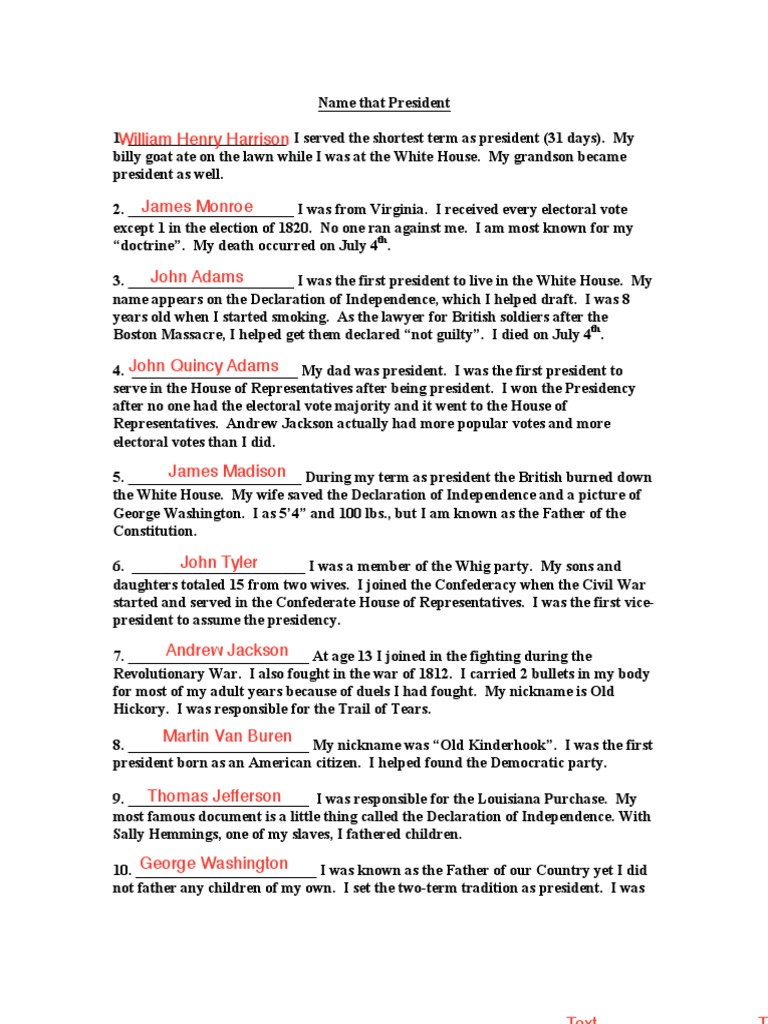 Name That President | PDF | Zachary Taylor | Presidents Of The United ...