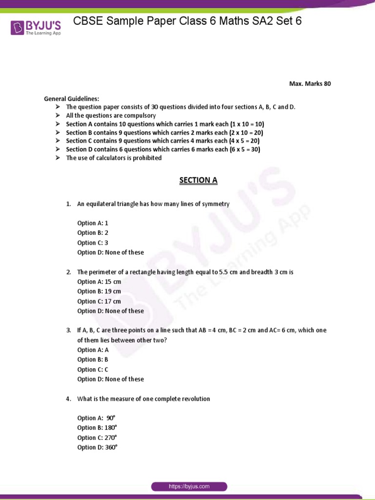 CBSE Sample Paper Class 6 Maths SA2 Set 6: Section A | PDF | Length | Geometry