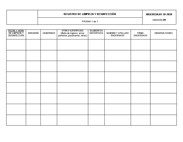 Plantilla De Formato De Ficha De Registro De Limpieza Y Desinfección ... Plantilla De Formato De Ficha De Registro De Limpieza Y Desinfección ...