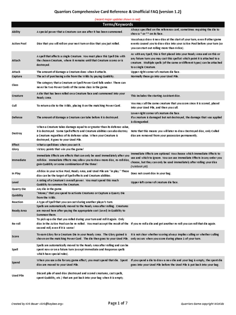 Quarriors Comprehensive Card Reference & Unofficial FAQ (Version 1.2 ...