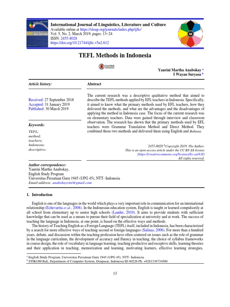 TEFL Methods in Indonesia: International Journal of Linguistics, Literature and Culture | PDF ...