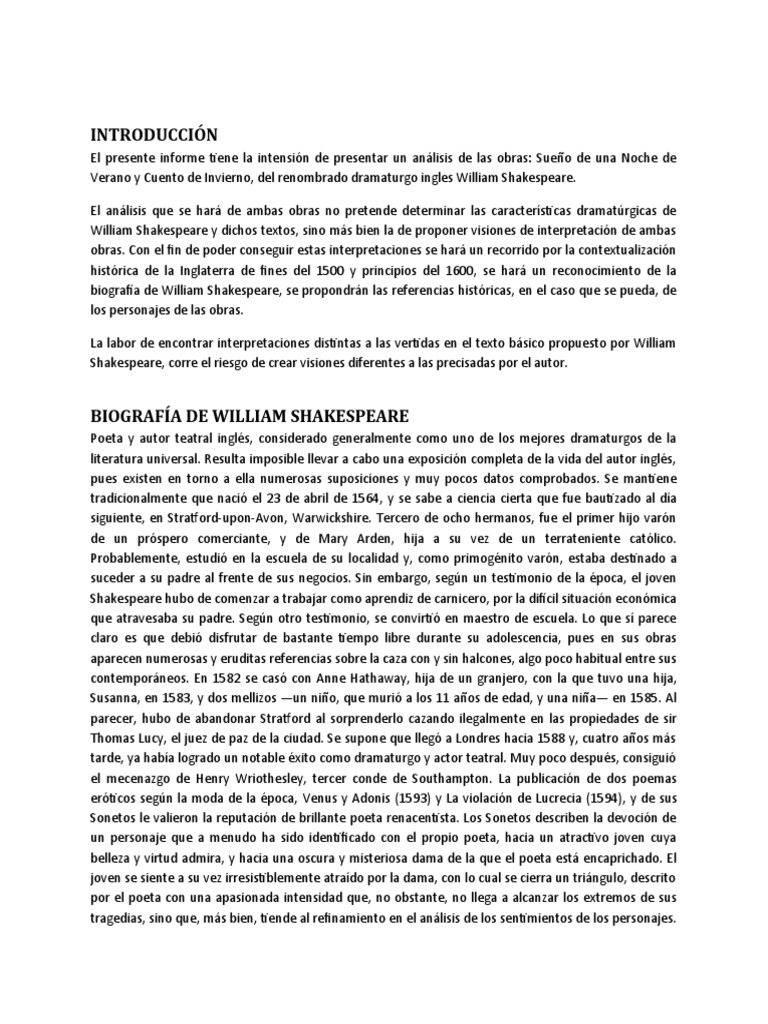 Análisis de Sueño de Una Noche de Verano y Cuento de Invierno de W ...