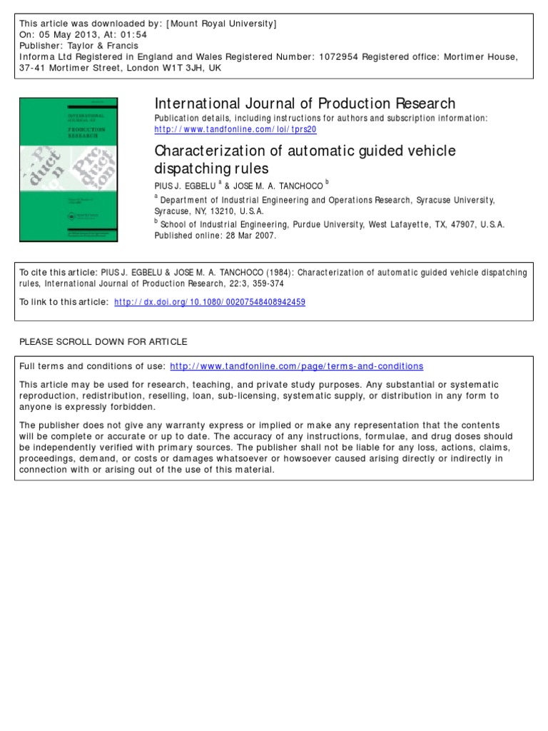 Egbelu1984 Agv Dispatching Rules Pdf Pdf Mathematical Optimization Simulation