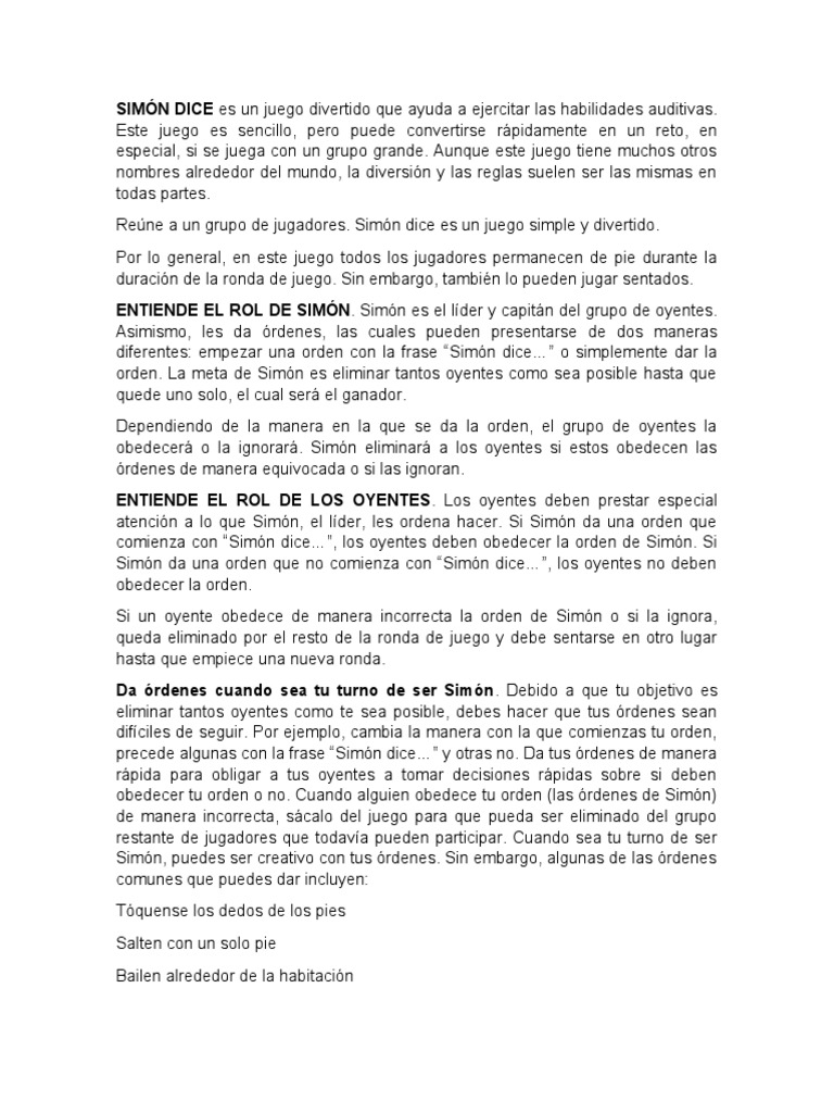 Reglas y Cómo Jugar Simón Dice | PDF | Deportes y actividades al aire ...