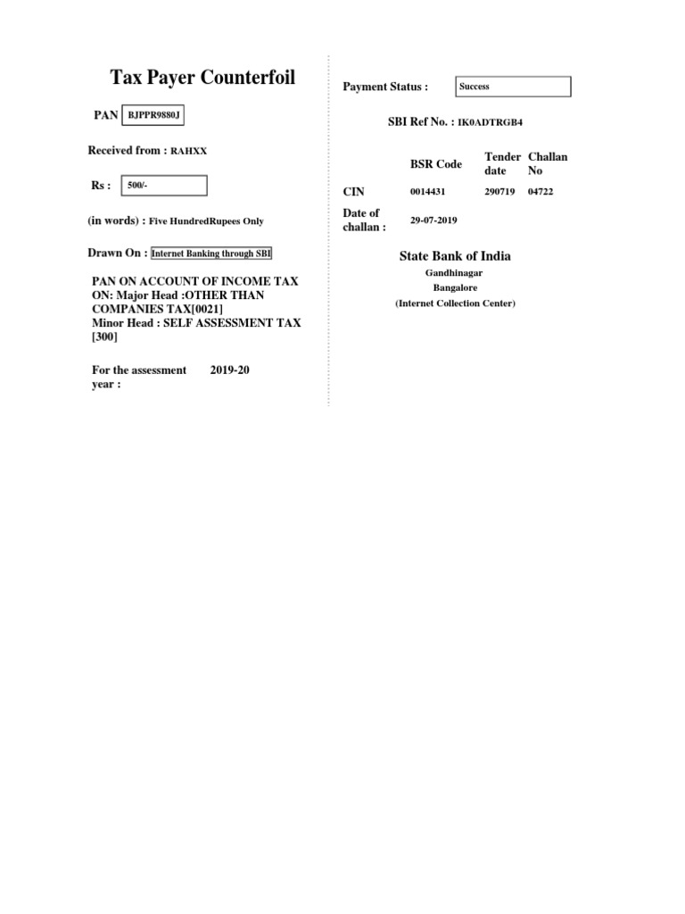 Tax Payer Counterfoil: State Bank of India | PDF
