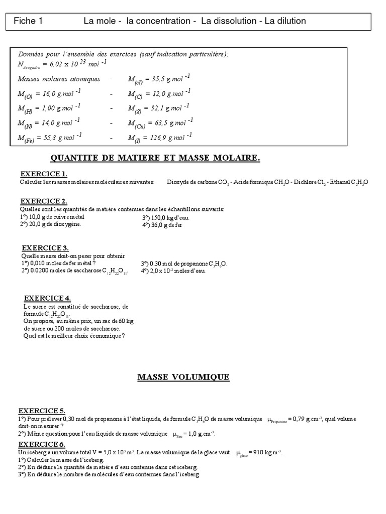 Fiche 1 Exercices Concentrations Mole | PDF | Concentration molaire ...