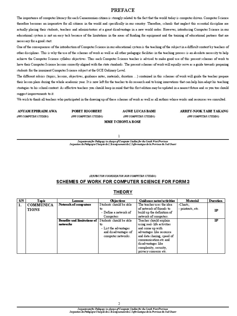 Guiding Computer Science Teachers: Schemes of Work for Form 3 Computer ...
