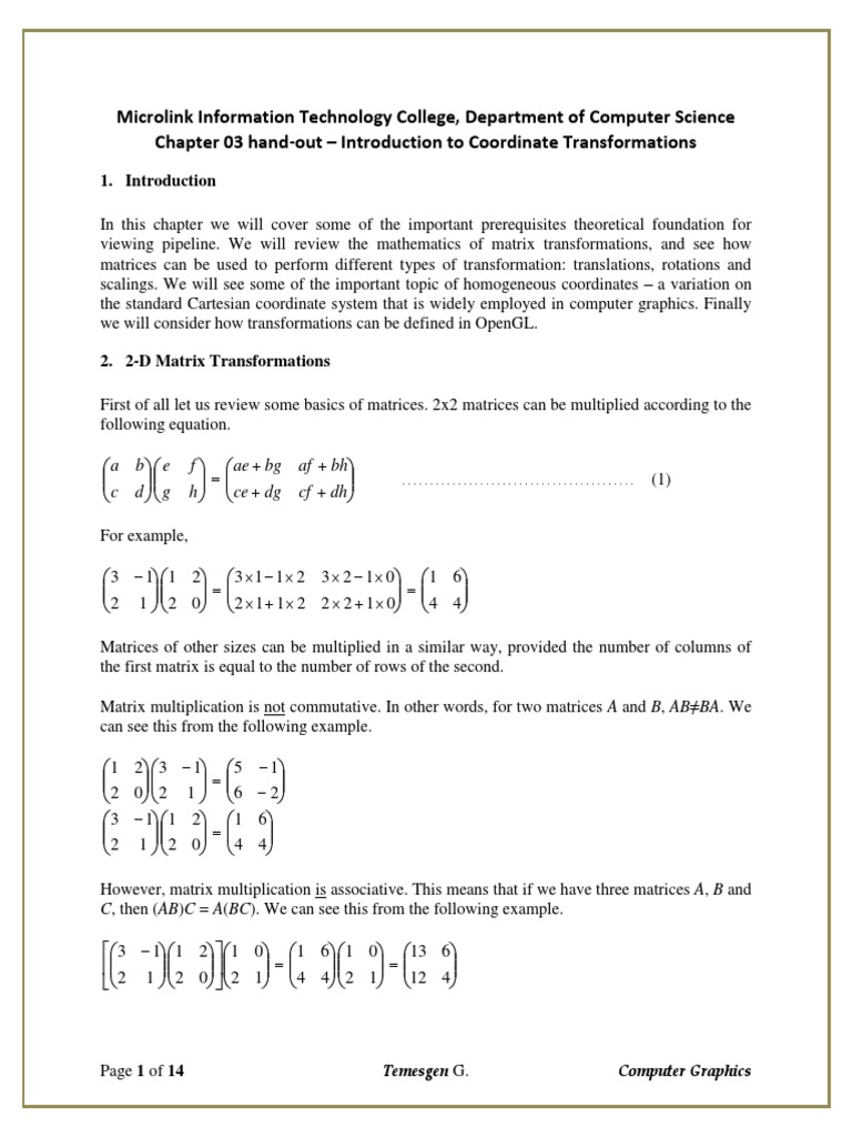 Chapter 3 Coordinate Transformations | PDF | 2 D Computer Graphics | Matrix (Mathematics)
