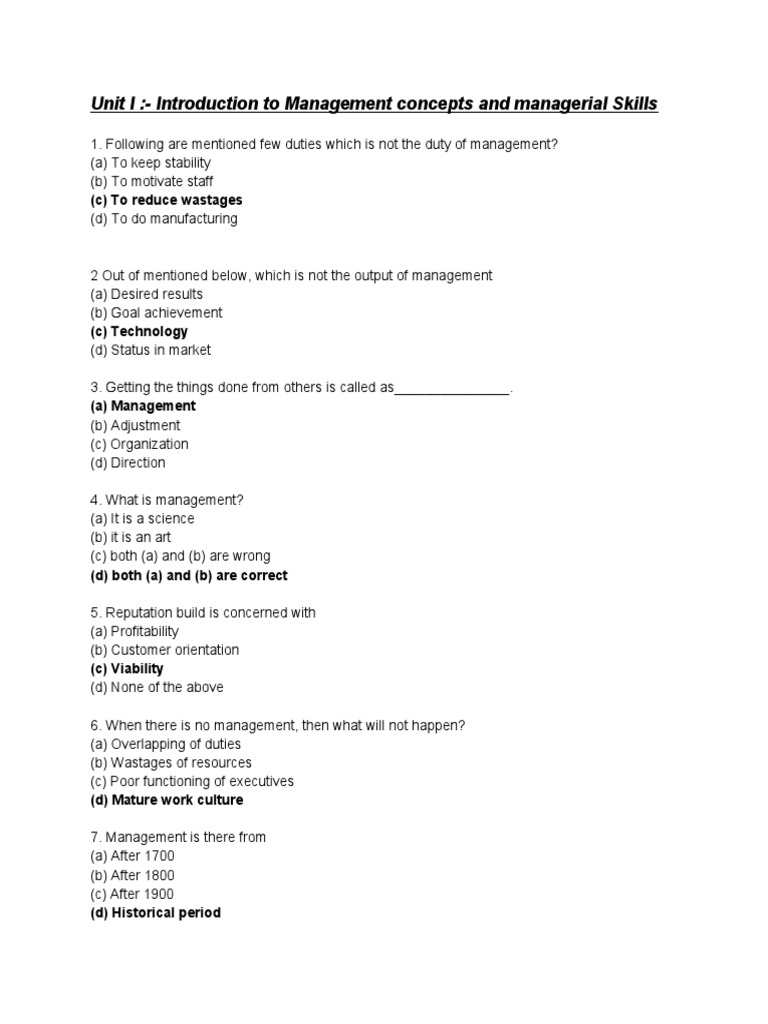 MAN - MCQ - Unit I, II and III PDF | PDF | Audit | Marketing