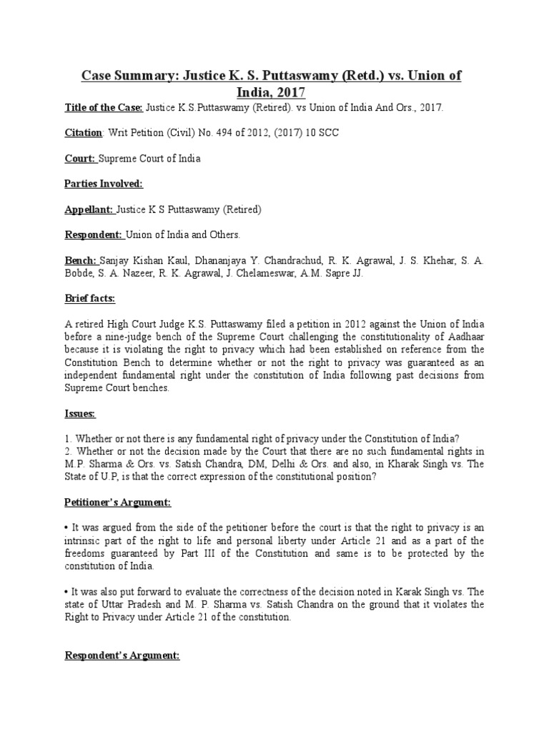 Case Summary: Justice K. S. Puttaswamy (Retd.) vs. Union of India, 2017 | PDF | Supreme Court Of ...