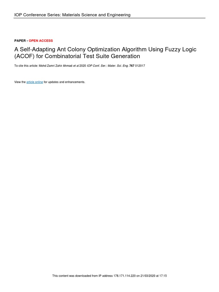 A Self Adapting Ant Colony Optimization Algorithm Using Fuzzy Logic Acof For Combinatorial