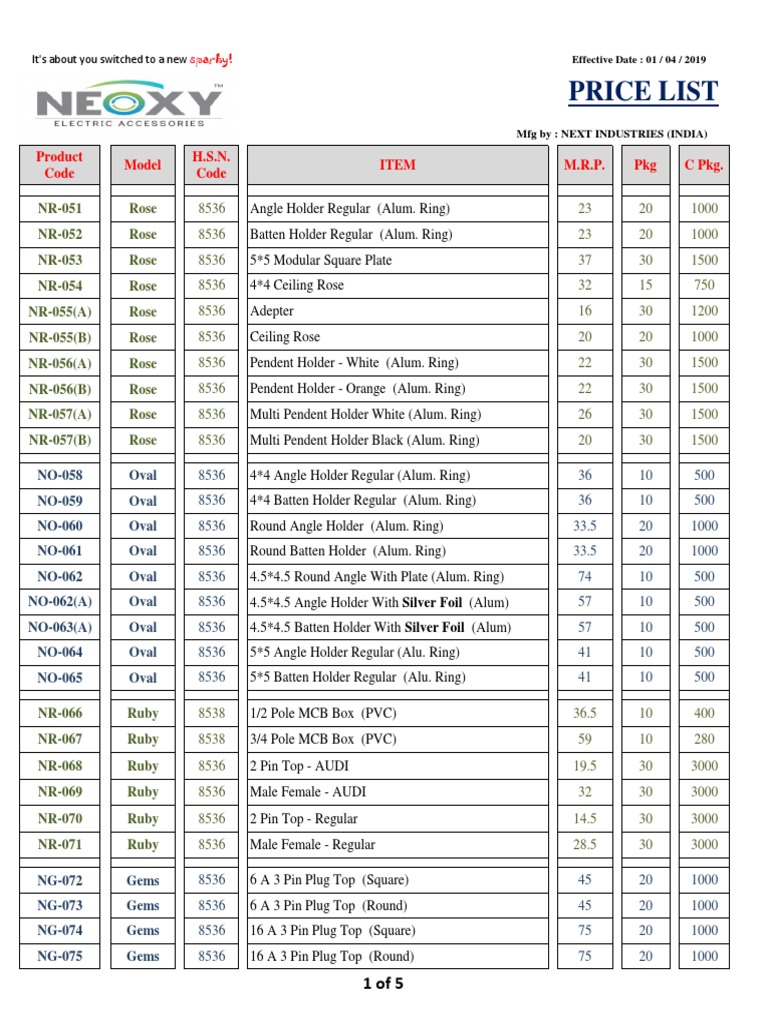 Neoxy Price List April 2019 | PDF | Components | Electricity