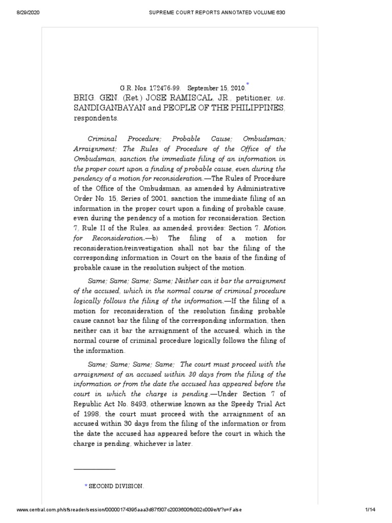 Ramiscal Vs Sandiganbayan PDF | PDF | Arraignment | Plea